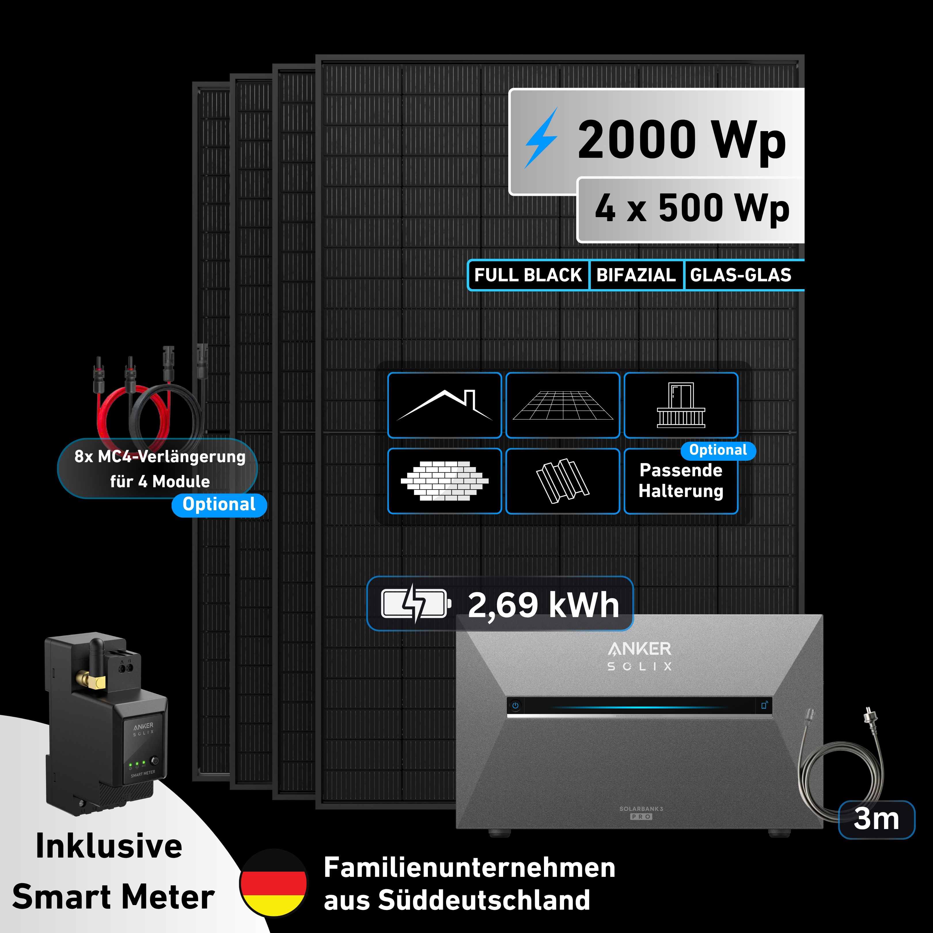 1800W Balkonkraftwerk Komplettset mit Anker SOLIX Solarbank 3 E2700 Pr ...